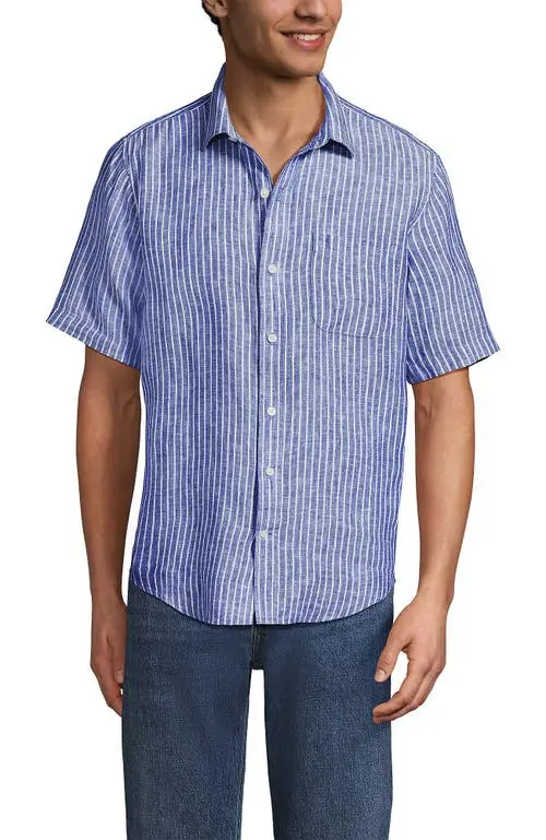 LANDS' END Traditional Fit Short Sleeve Linen Shirt - Pale Sapphire Stripe