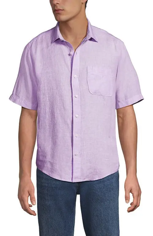 LANDS' END Traditional Fit Short Sleeve Linen Shirt - Pale Whisper Lilacs