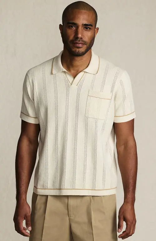 LANDS' END Short Sleeve Textured Tipped Sweater Polo - Ivory Latte