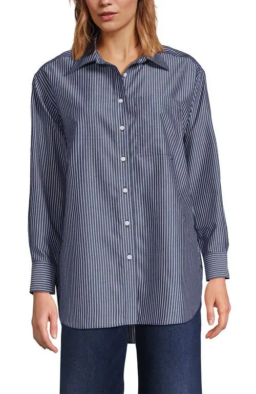 LANDS' END Poplin Extra Long Tunic - Deep Sea Navy Thin Stripe