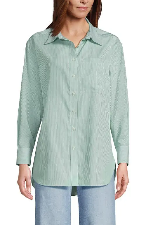 LANDS' END Poplin Extra Long Tunic - Vibrant Clover Mini Stripe