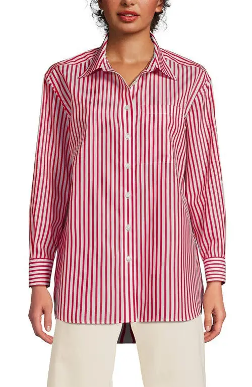LANDS' END Poplin Extra Long Tunic - White/compass Red Stripe