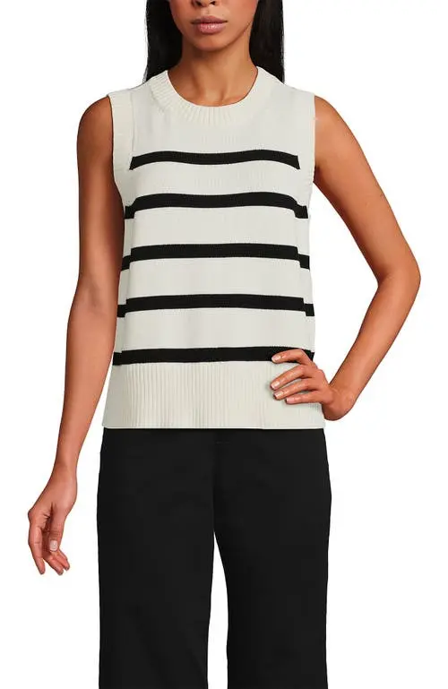 LANDS' END Drifter Cotton Easy Crew Neck Vest Sweater - Ivory/black Breton Stripe