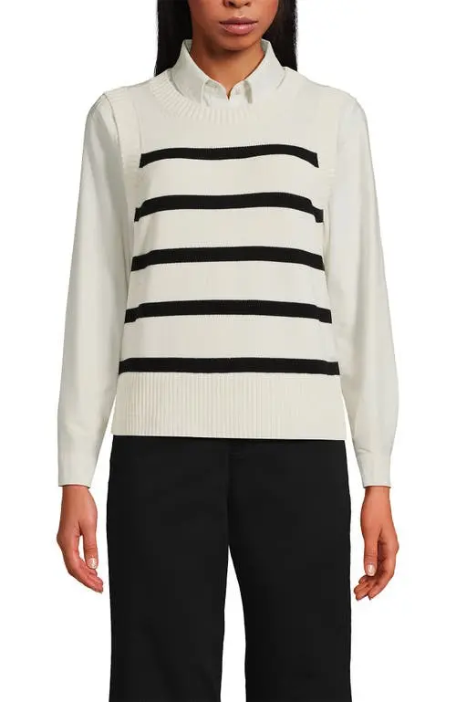 LANDS' END Drifter Cotton Crew Neck Vest - Ivory/black Breton Stripe
