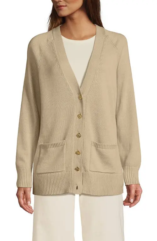 LANDS' END Drifter Varsity Vneck Relaxed Cardigan Sweater - Champagne