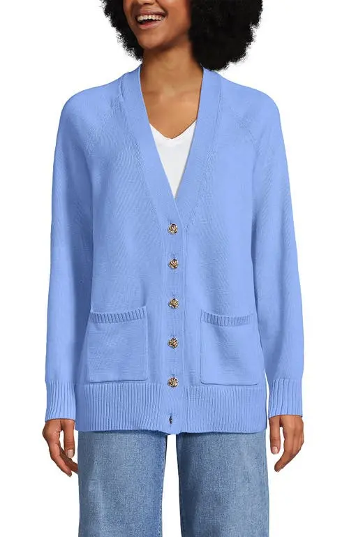 LANDS' END Drifter Varsity Vneck Relaxed Cardigan Sweater - Clear Blue Sky