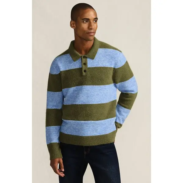 LANDS' END Long Sleeve Fuzzy Sweater Polo - Olive Drab Heather Stripe
