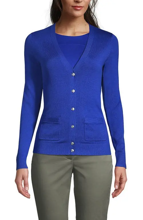 LANDS' END Cotton Modal V-neck Cardigan Sweater - Dark Cobalt Blue