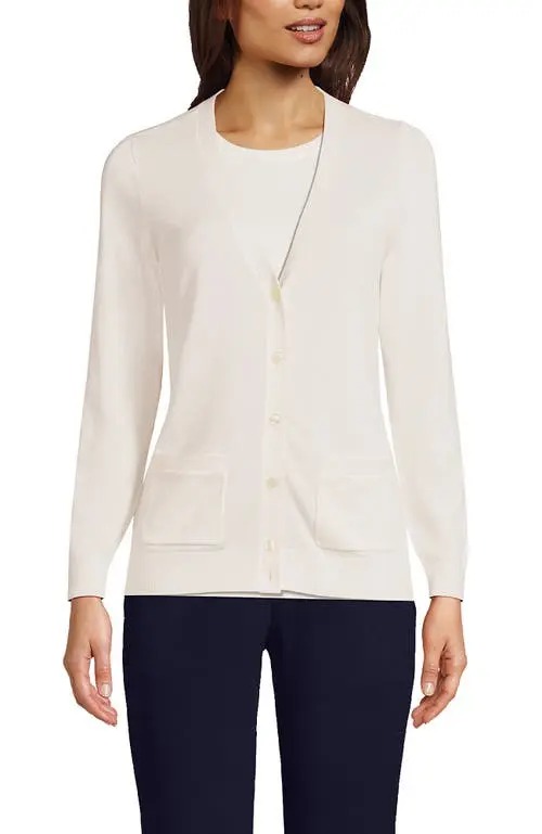 LANDS' END Cotton Modal V-neck Cardigan Sweater - Ivory