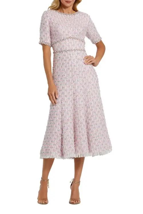 Mac Duggal Beaded Trim Boucle A-line Midi Dress - Pink Multi