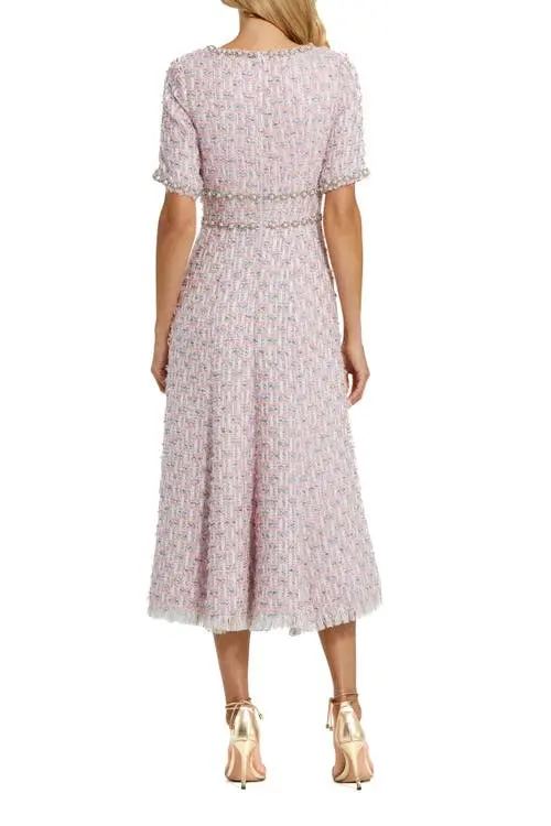 Mac Duggal Beaded Trim Boucle A-line Midi Dress - Pink Multi