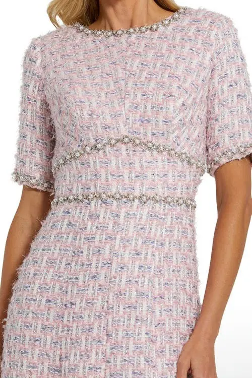 Mac Duggal Beaded Trim Boucle A-line Midi Dress - Pink Multi
