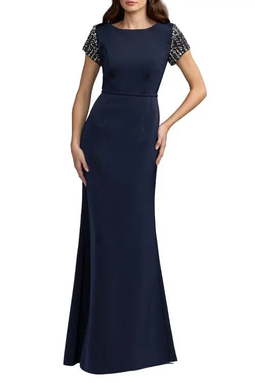 Mac Duggal Beaded Cap-sleeve Column Gown - Midnight