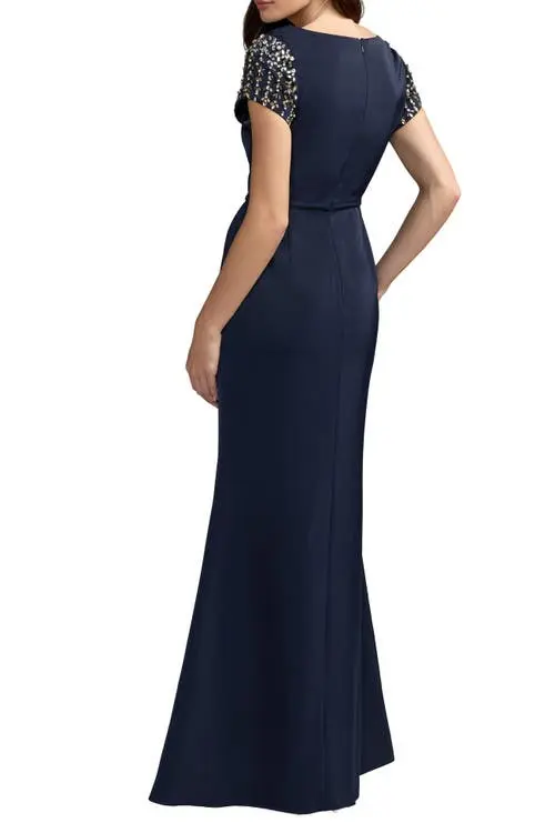 Mac Duggal Beaded Cap-sleeve Column Gown - Midnight