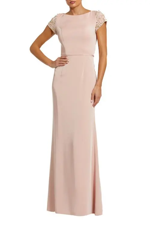 Mac Duggal Beaded Cap-sleeve Column Gown