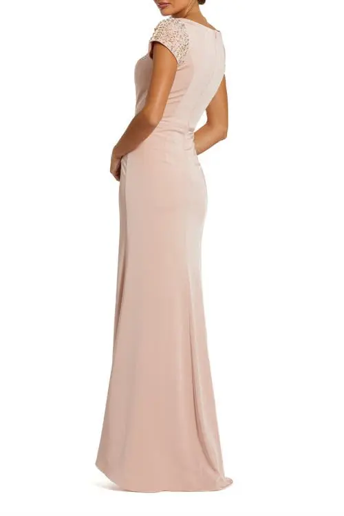 Mac Duggal Beaded Cap-sleeve Column Gown