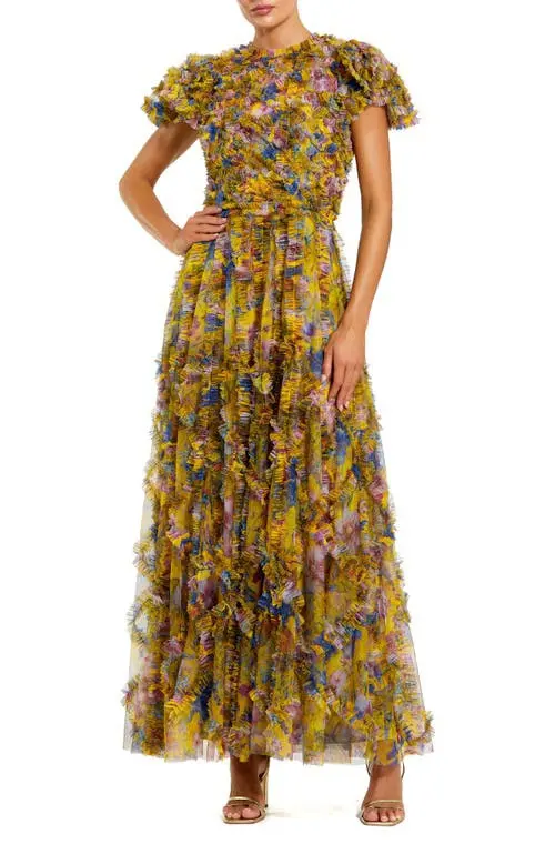 Mac Duggal Micro Ruffle Floral Maxi Gown