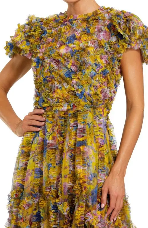 Mac Duggal Micro Ruffle Floral Maxi Gown