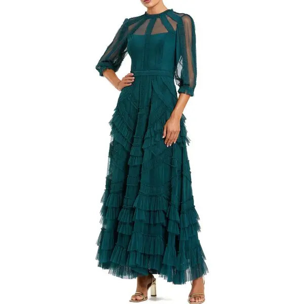 Mac Duggal 3/4 Sleeve Tiered Ruffle Mesh Gown