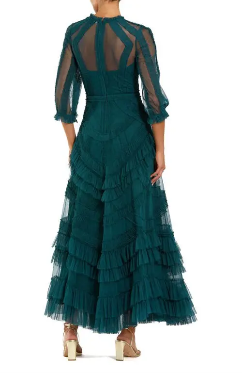 Mac Duggal 3/4 Sleeve Tiered Ruffle Mesh Gown