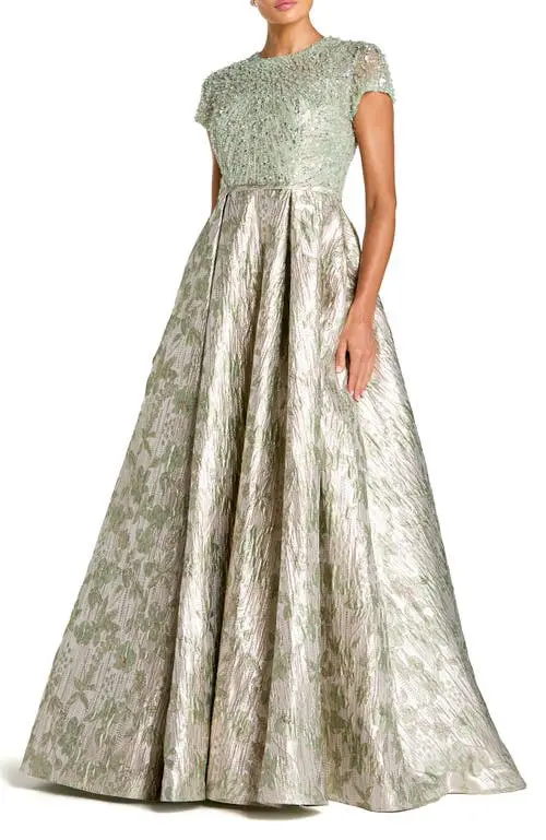 Mac Duggal Beaded Cap-sleeve Ball Gown With Metallic Brocade Skirt