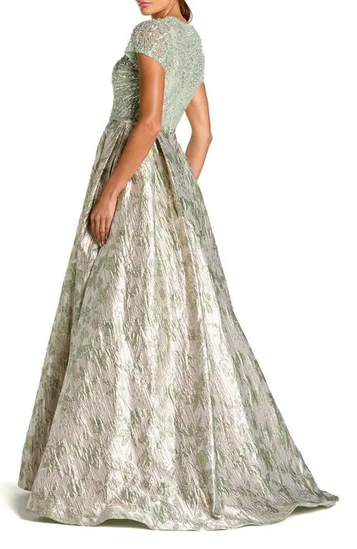 Mac Duggal Beaded Cap-sleeve Ball Gown With Metallic Brocade Skirt