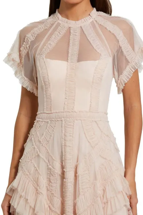 Mac Duggal Flutter Sleeve Micro Ruffle Mesh Midi Dress