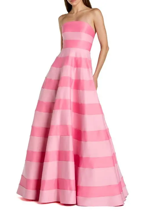 Mac Duggal Striped Strapless Satin Ballgown With Pockets