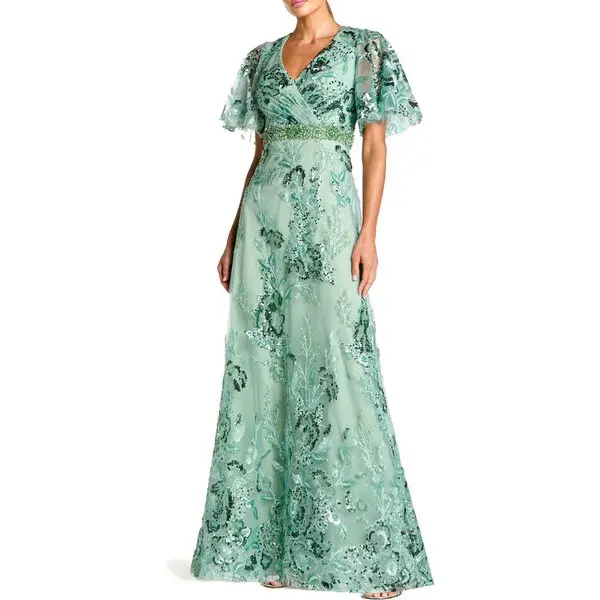 Mac Duggal Floral Embellished Faux Wrap Gown - Sage