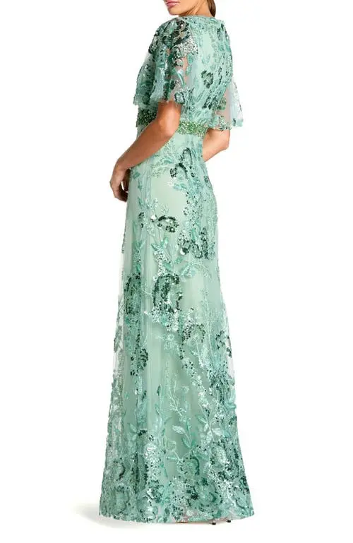 Mac Duggal Floral Embellished Faux Wrap Gown - Sage