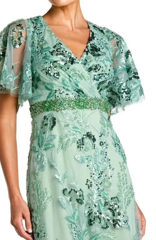 Mac Duggal Floral Embellished Faux Wrap Gown - Sage