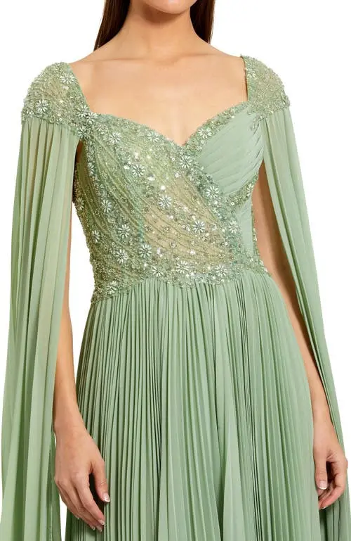 Mac Duggal Cape Sleeve Pleated Beaded Gown