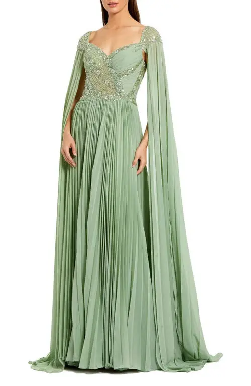 Mac Duggal Cape Sleeve Pleated Beaded Gown - Sage