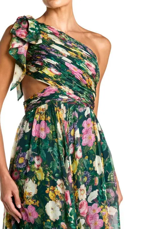 Mac Duggal Floral One-shoulder Cutout Chiffon Gown - Deep Green Multi