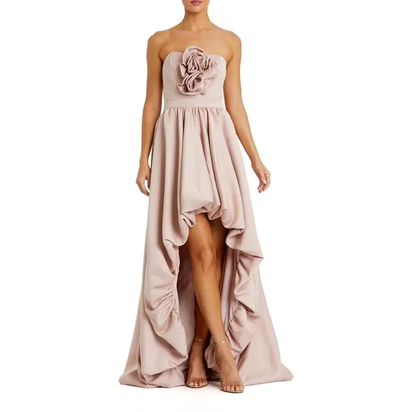 Mac Duggal Satin Strapless High-low Gown With Roses