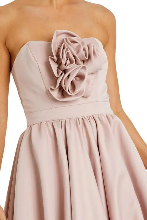 Mac Duggal Satin Strapless High-low Gown With Roses