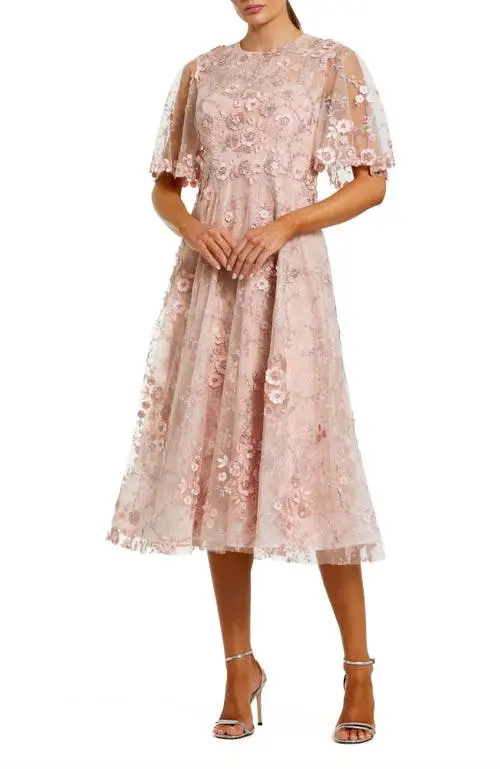 Mac Duggal Flutter Sleeve Embroidered Cocktail Midi Dress - Blush