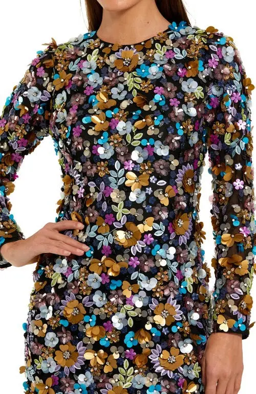 Mac Duggal Embellished 3d Sequin Long Sleeve Mini Dress - Black Multi