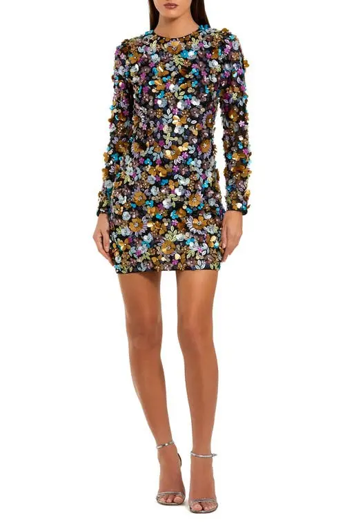 Mac Duggal Embellished 3d Sequin Long Sleeve Mini Dress - Black Multi