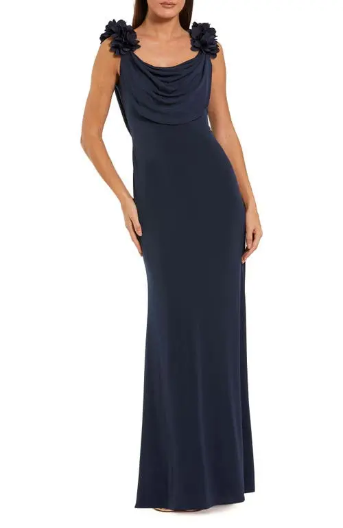 Mac Duggal One Shoulder Mermaid Gown With 3d Floral Straps - Midnight