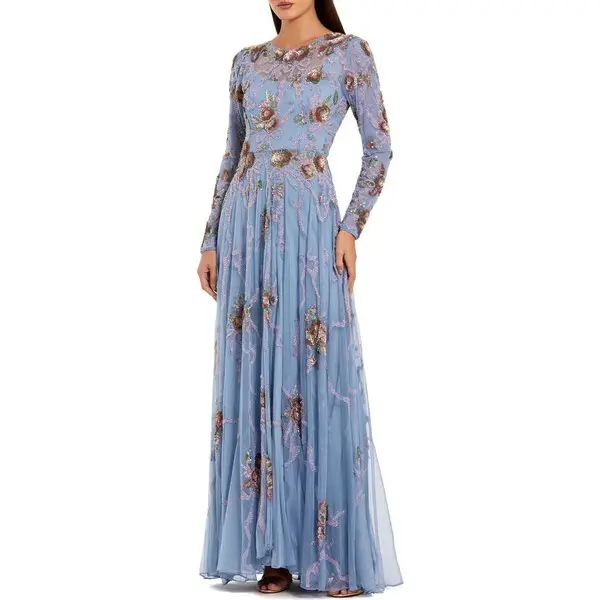 Mac Duggal Long Sleeve Embellished Floral A-line Gown