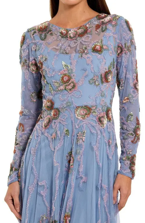 Mac Duggal Long Sleeve Embellished Floral A-line Gown