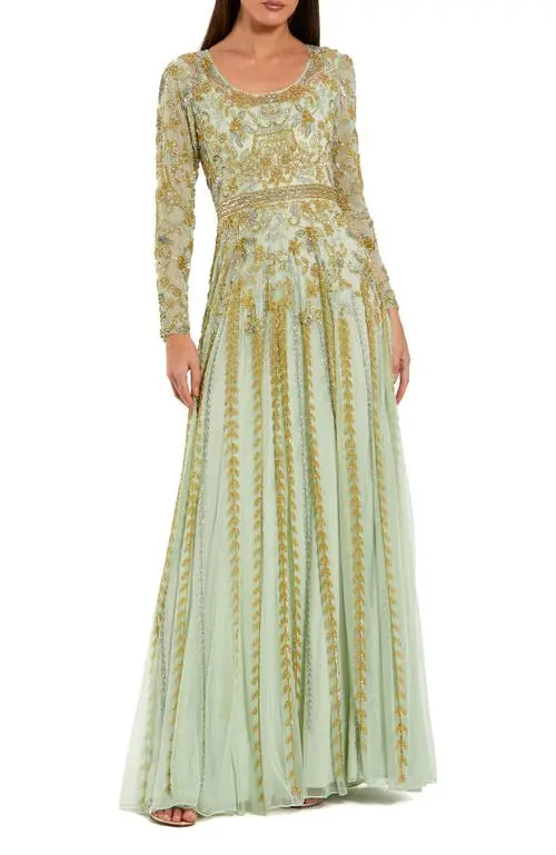 Mac Duggal Beaded Mesh A-line Gown With Long Sleeves
