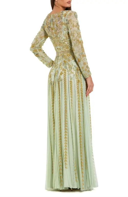 Mac Duggal Beaded Mesh A-line Gown With Long Sleeves