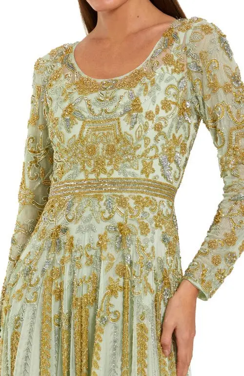 Mac Duggal Beaded Mesh A-line Gown With Long Sleeves