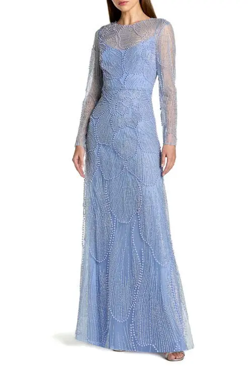 Mac Duggal Beaded Mesh High Neck A-line Gown - Periwinkle