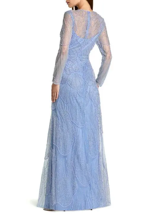 Mac Duggal Beaded Mesh High Neck A-line Gown - Periwinkle
