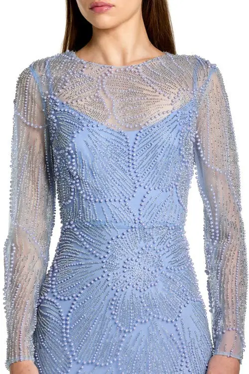 Mac Duggal Beaded Mesh High Neck A-line Gown - Periwinkle