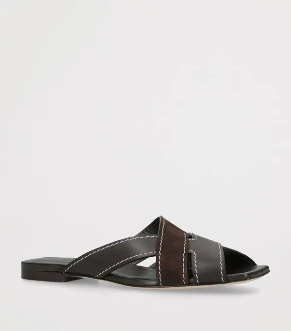 TOD'S Leather T-strap Sandals - Brown