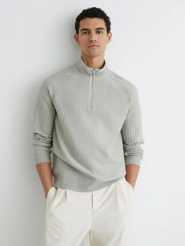 REISS Textured-knit Half-zip Jumper - Sage Green